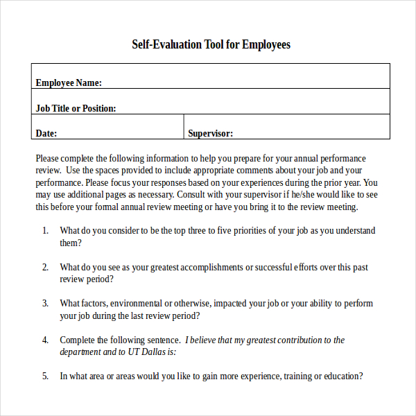 Annual Performance Review Employee Self Evaluation Examples Template 