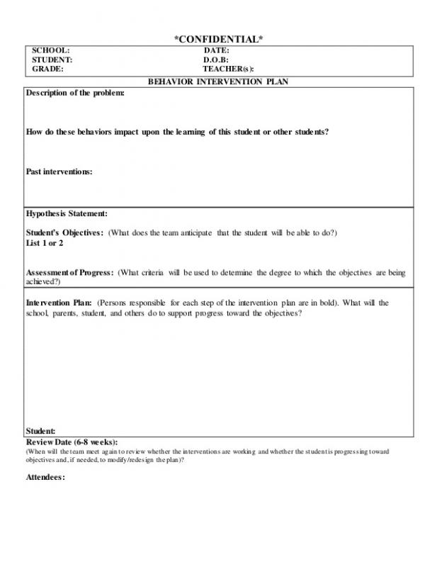 Behavior Intervention Plan Example Template Business