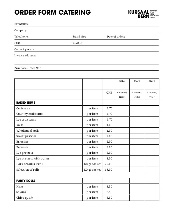 Catering Order Form Template Business