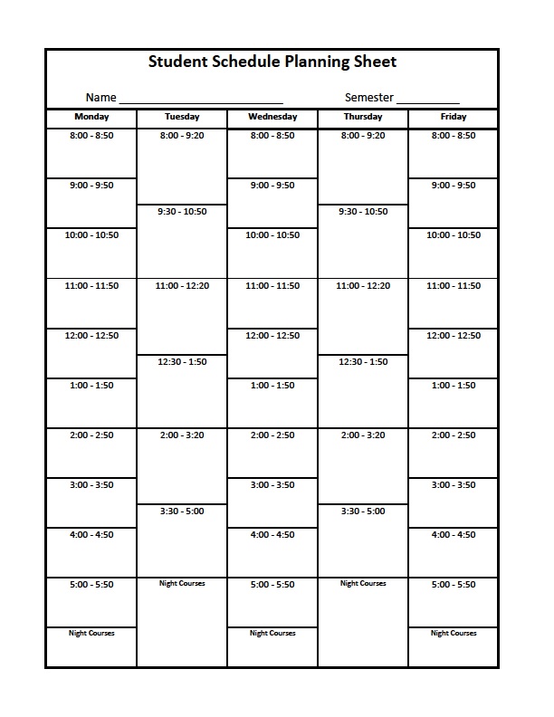 College Schedule Planner Template Business