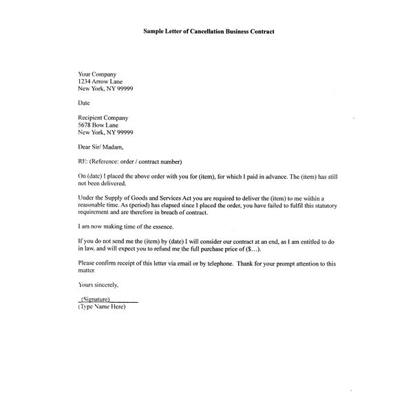 Contract Cancellation Letter Template Business