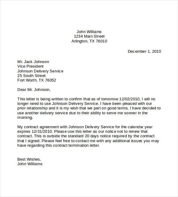 Contract Termination Letter Template Business