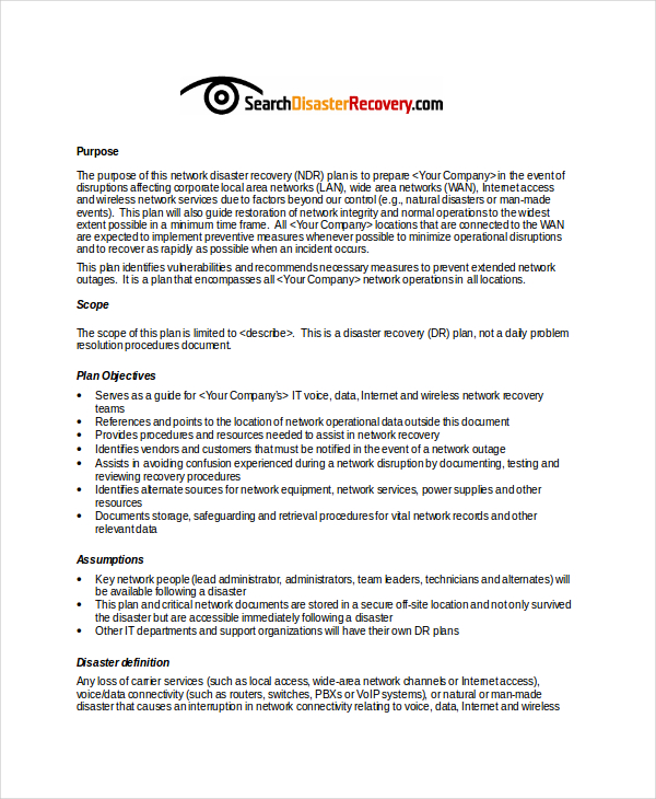 Disaster Recovery Plan Example Template Business