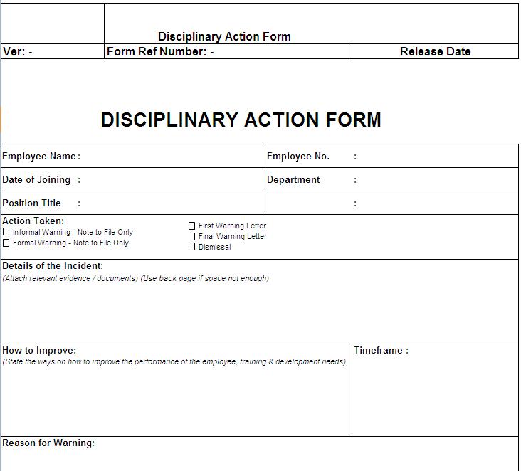Disciplinary Action Form Template Business