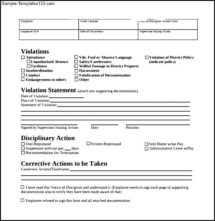 Disciplinary Action Forms Template Business