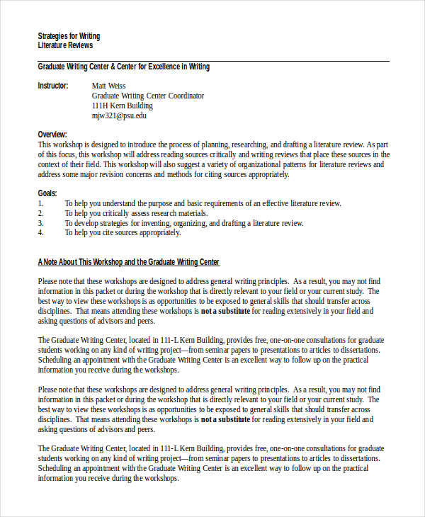Example Of Literature Review Template Business