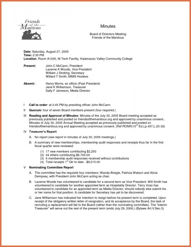 Example Of Meeting Minutes Template Business
