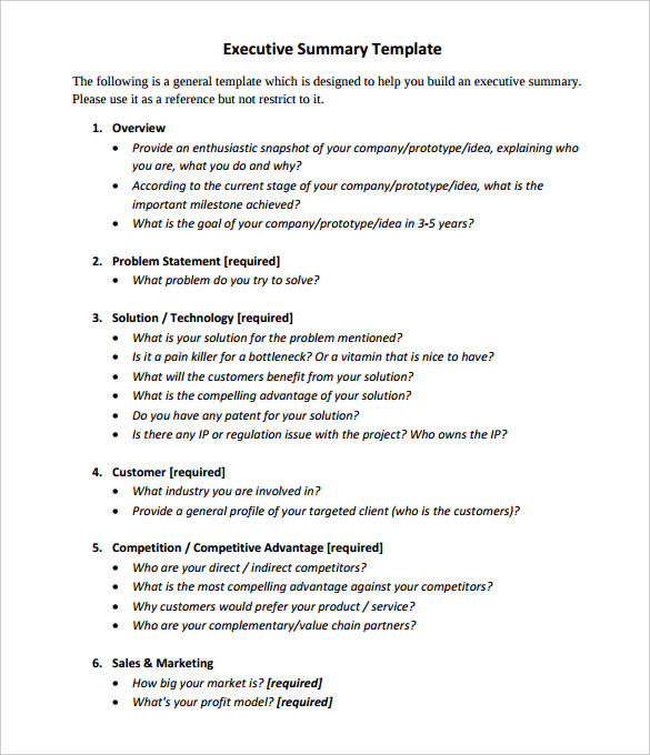 Executive Summary Sample Template Business