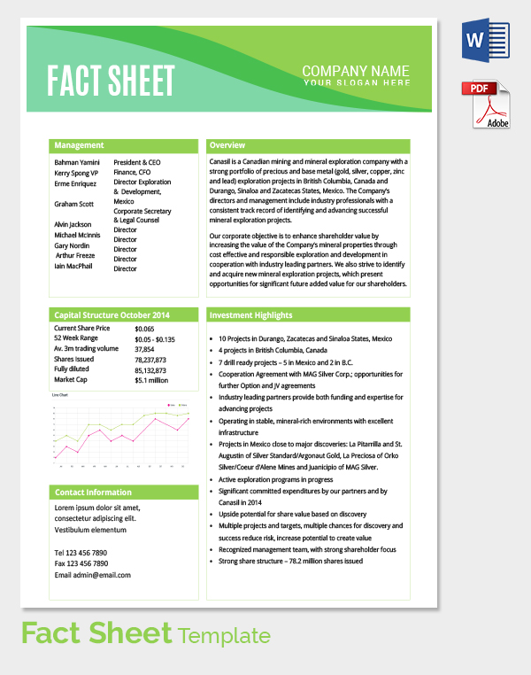 Fact Sheet Template Template Business