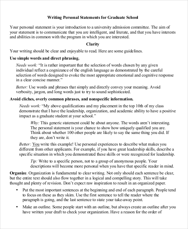 Definition Essay Personal Statement Examples For Graduate School Education