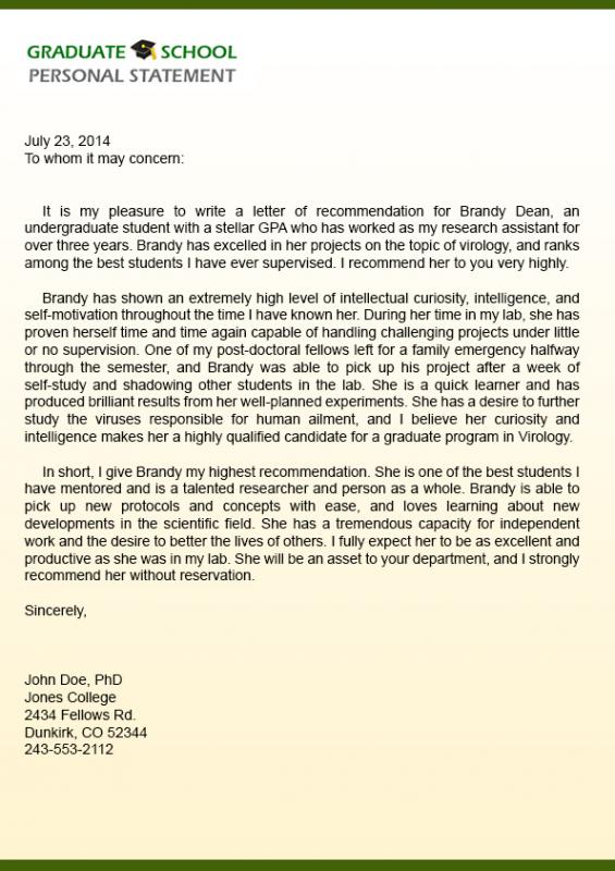 How To Write A Professional Letter Of Recommendation For Grad School Graduate School Letter Of 