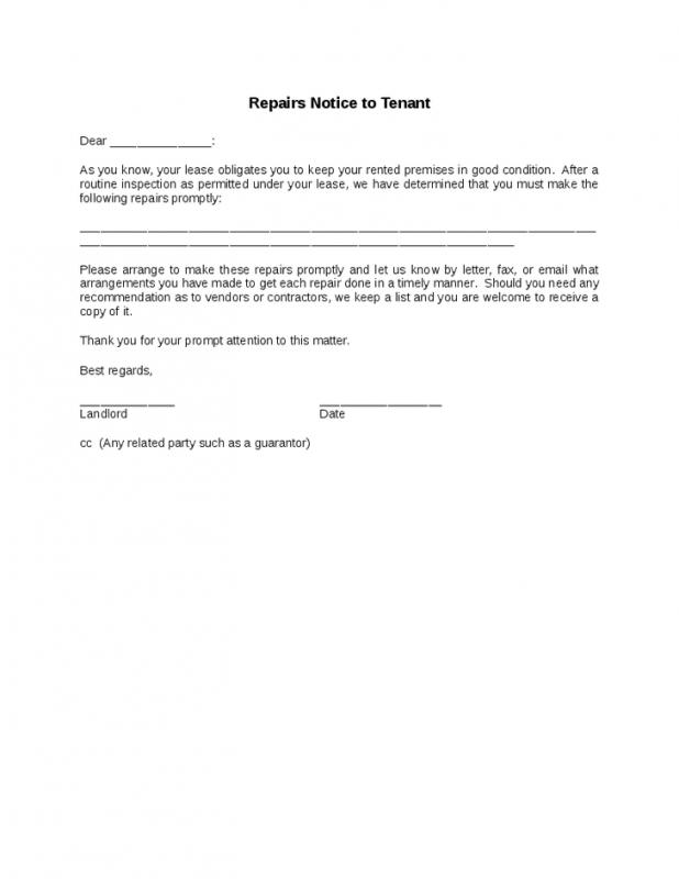 Landlord Letter To Tenant Regarding Repairs Template Business