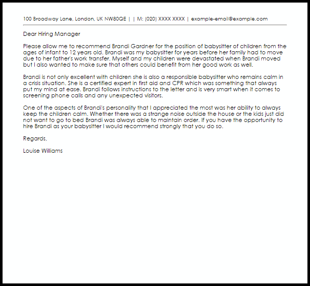 Letter Of Recommendation For Babysitter Template Business