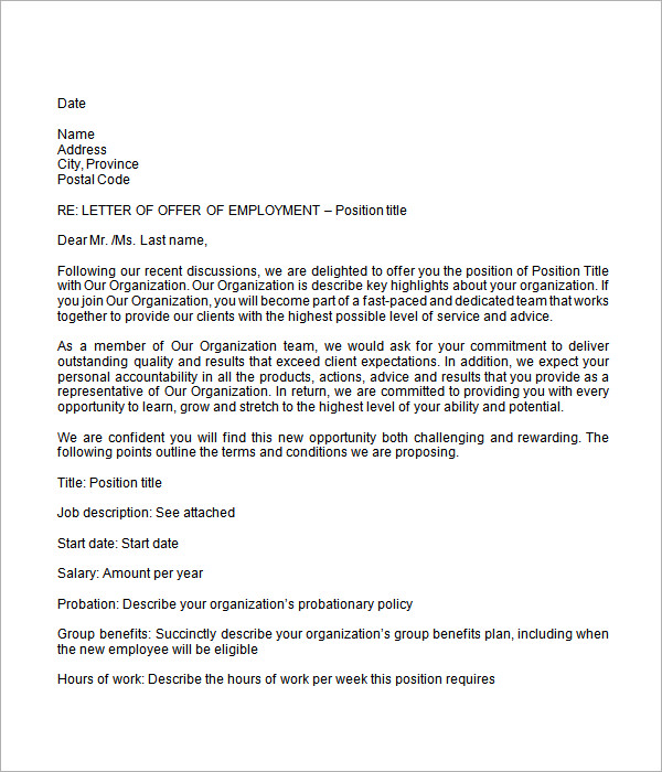 Offer Of Employment Letter Template Business Offer Of Employment Letter Template Business