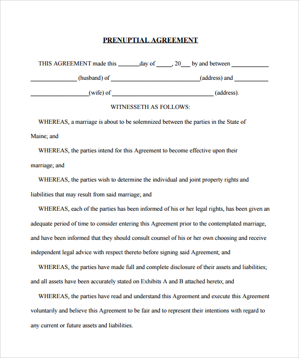 Prenuptial Agreement Sample Template Business