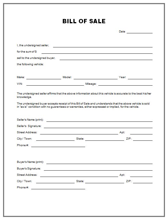 Free Printable Vehicle Bill Of Sale Template Form Generic Free 