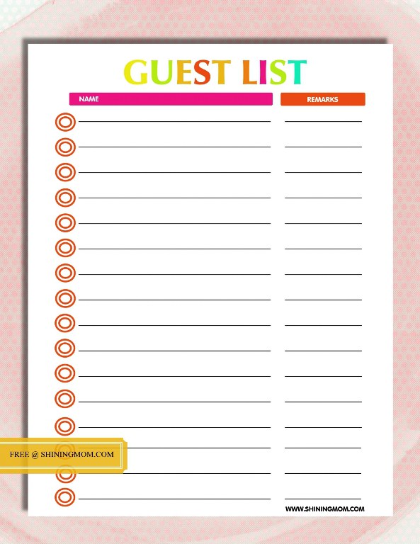 Printable Wedding Guest List Template Business