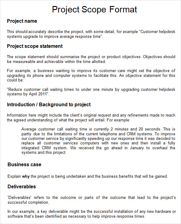 Project Scope Example Template Business