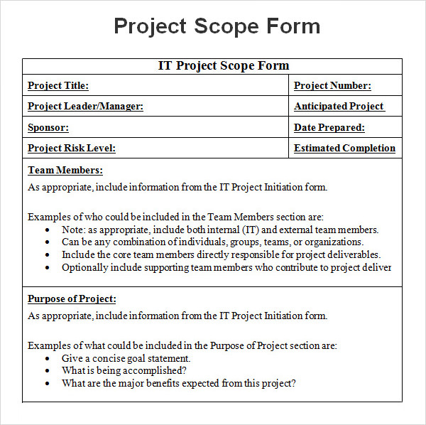 Project Scope Example Template Business