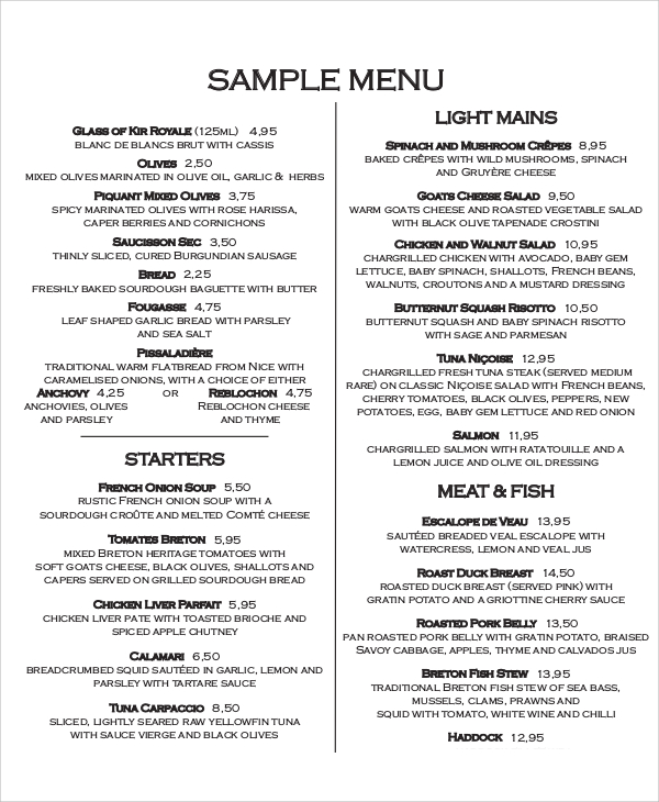 Restaurant Menu Sample Template Business