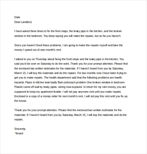 Sample Letter To Tenant For Damages Template Business