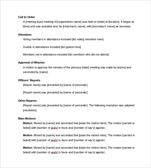 Sample Meeting Minutes Template Business