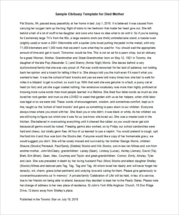 Sample Obituary For Mother Template Business Sample Obituary For Mother Template Business