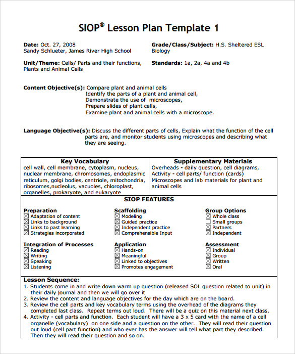 Siop Lesson Plan Template Business
