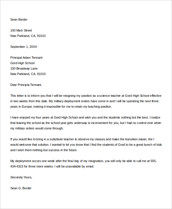 Teacher Resignation Letter Template Business