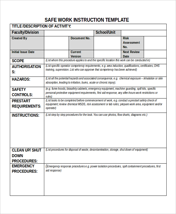 Work Instruction Template Template Business