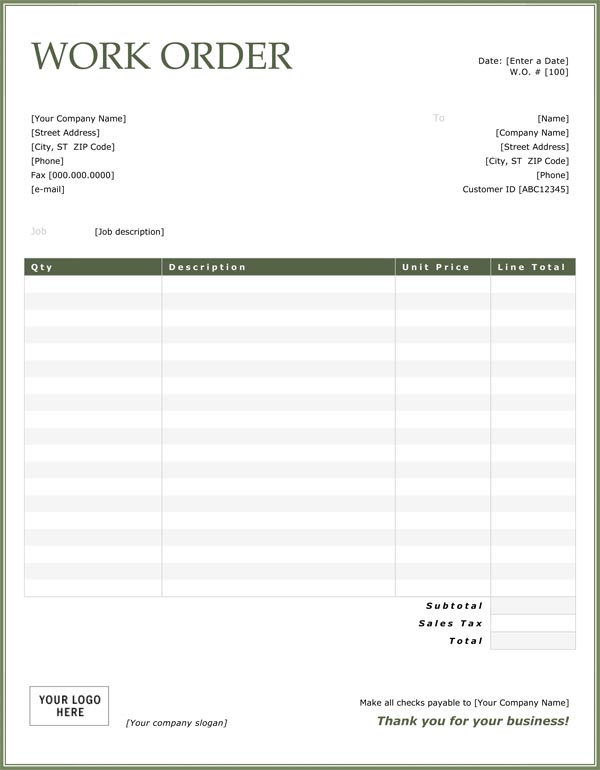 Work Order Template Template Business